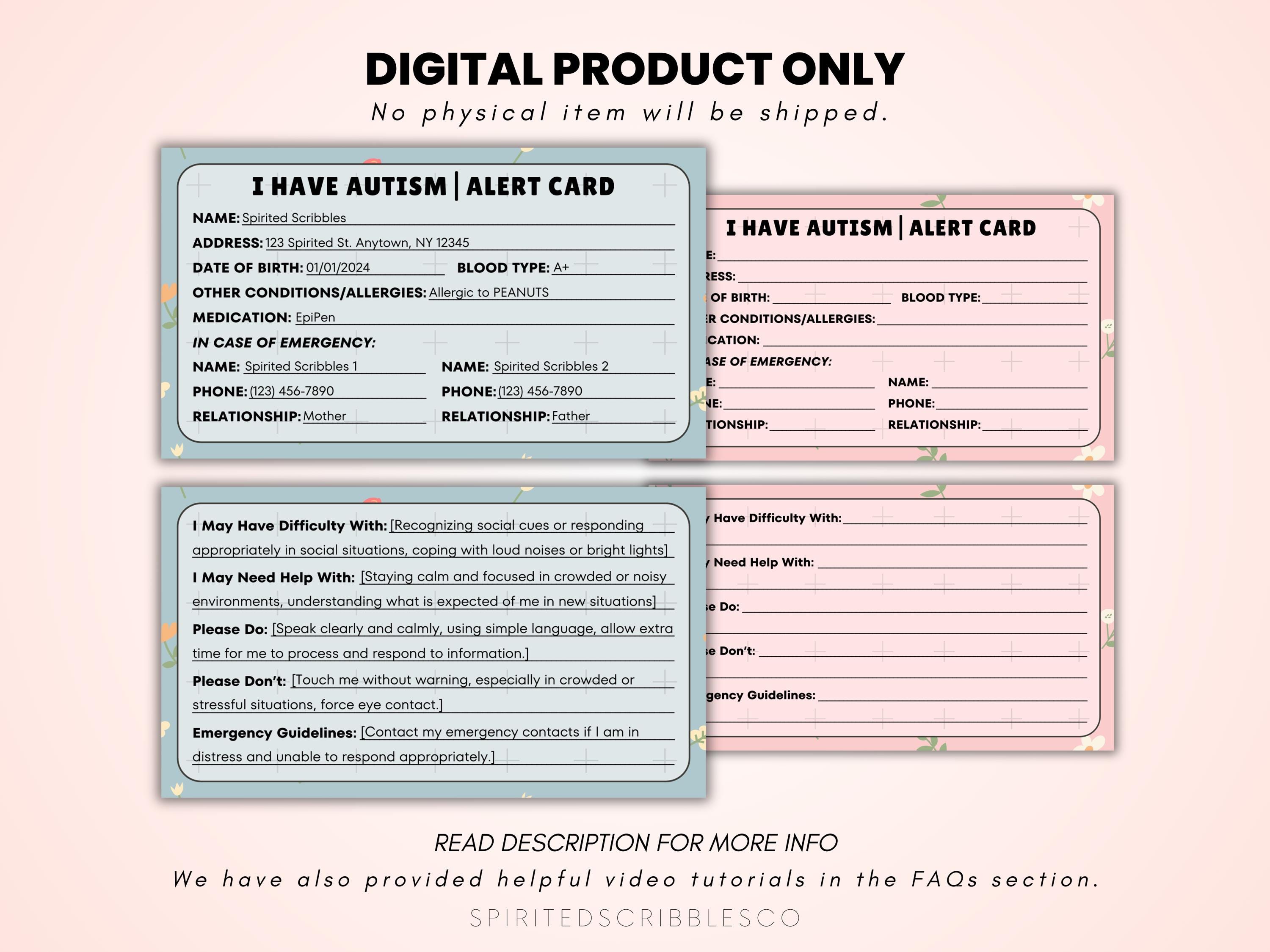 Editable Autism Alert Card Medical ID Ice Tag Emergency Safety ...