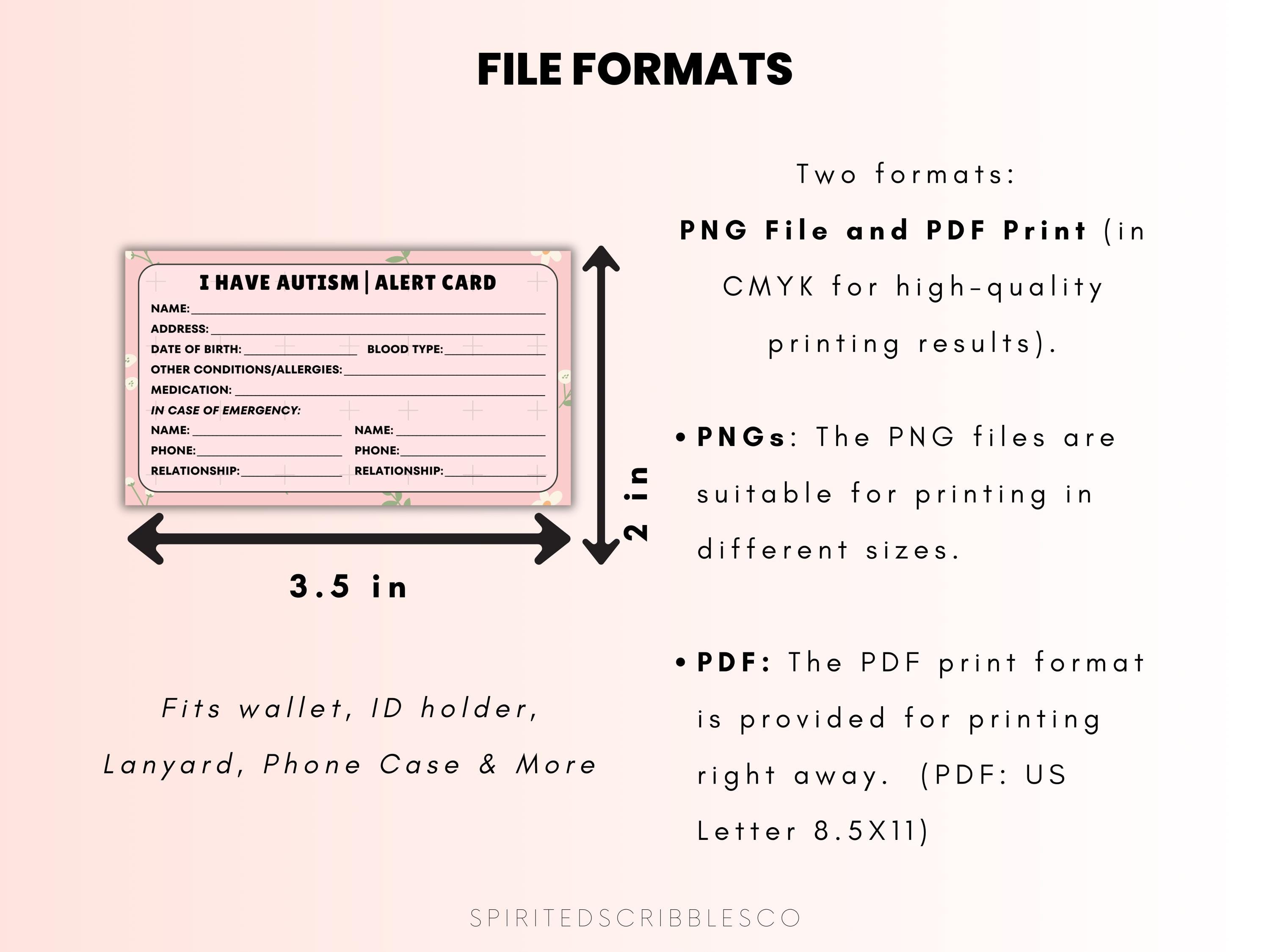 Printable Autism Alert Card Medical ID Ice Tag Emergency Safety ...