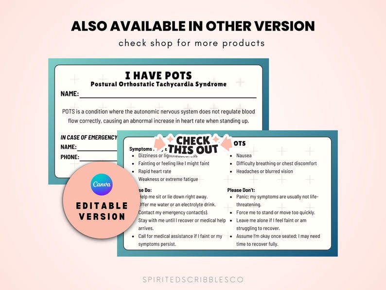 Printable POTS Card Postural Orthostatic Tachycardia Syndrome Awareness ...