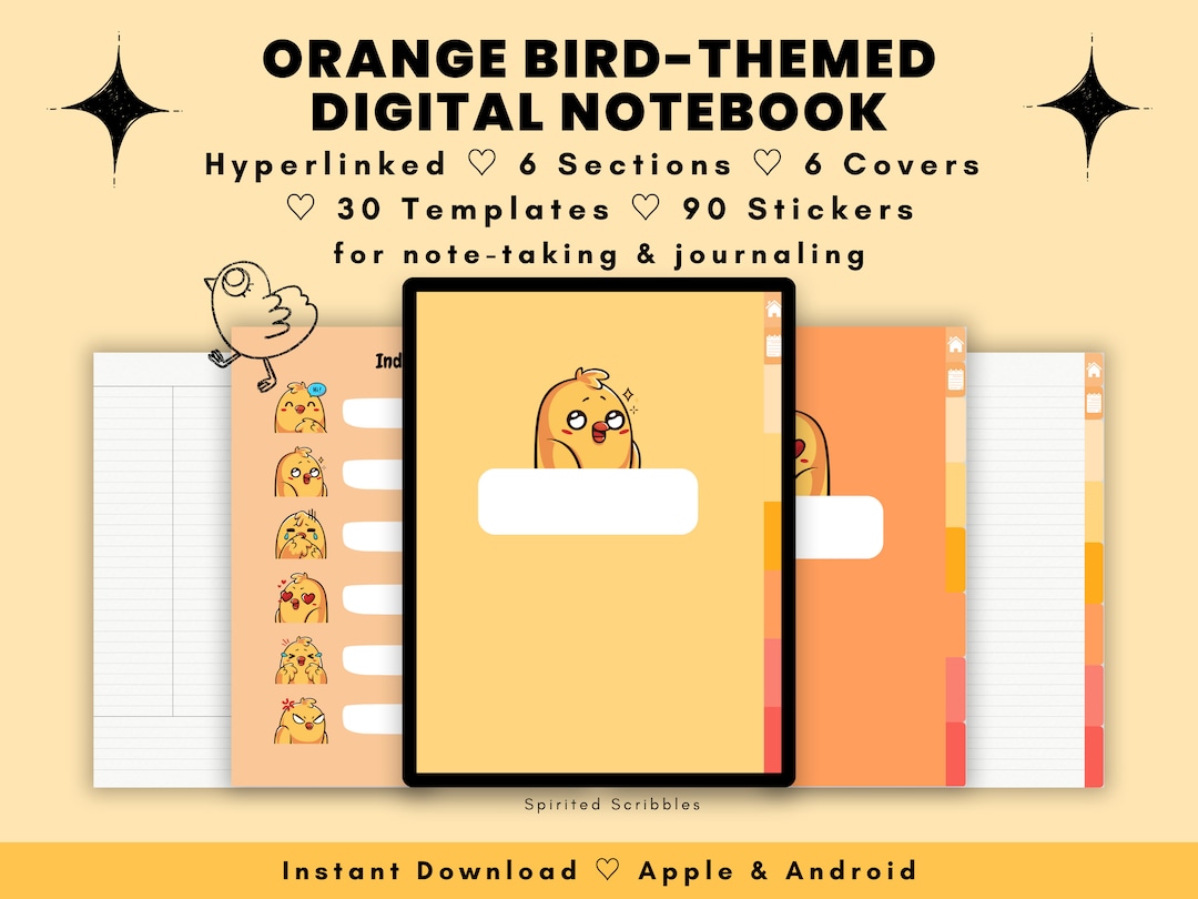 Bird Digital Notebook With Tabs & Covers Fully Hyperlinked, Kawaii iPad ...