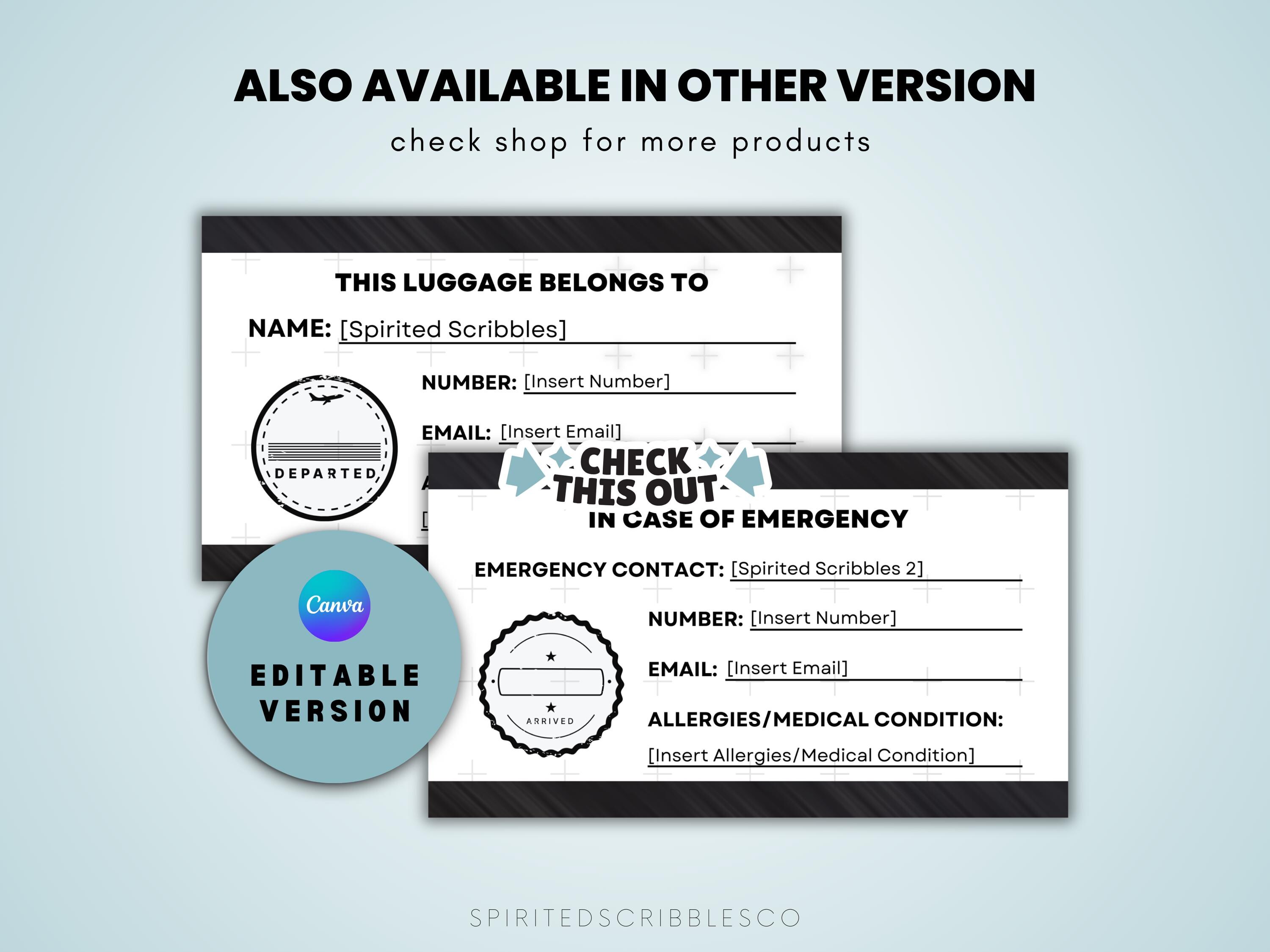 Printable Luggage Tag Insert Two-sided in Case of Emergency Travel Gear ...