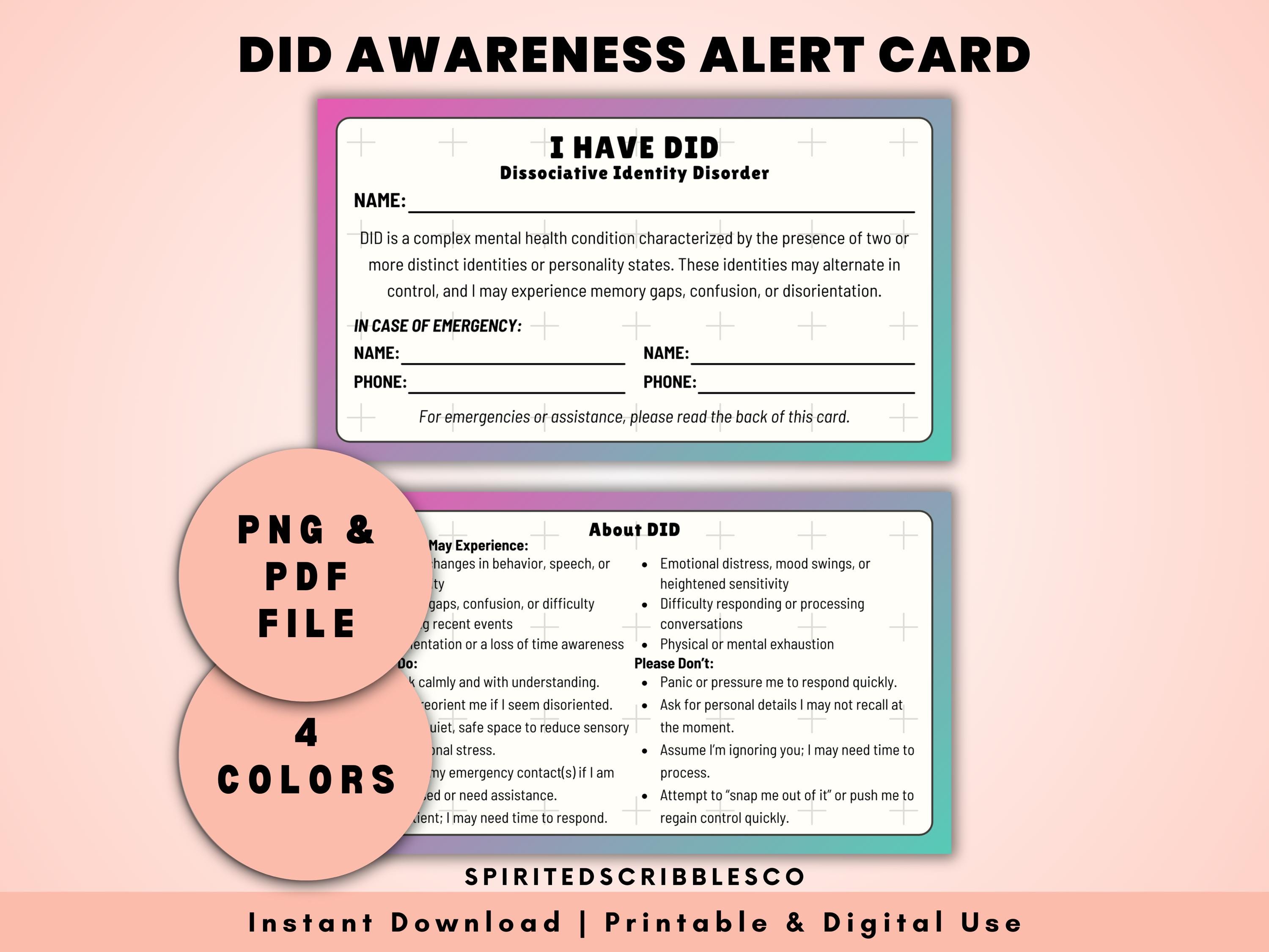 Printable DID Cards Dissociative Identity Disorder Awareness Card ...