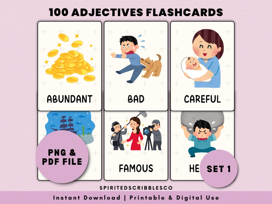 100 English Adjectives Printable Flashcards A-Z Flash Cards Parts of ...