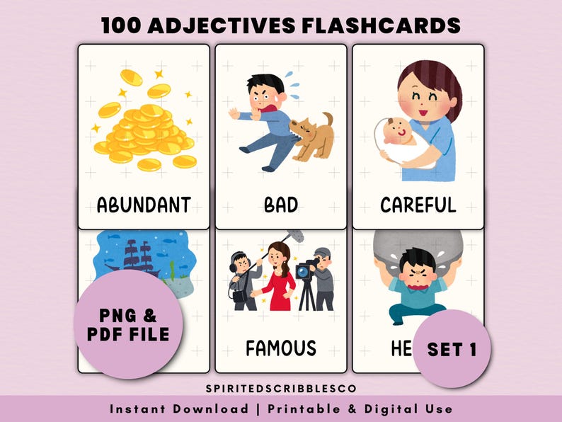 100 English Adjectives Printable Flashcards A-Z Flash Cards Parts of ...