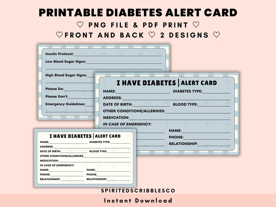 Printable Diabetes Alert Card Medical ID Ice Tag Emergency Diabetic ...
