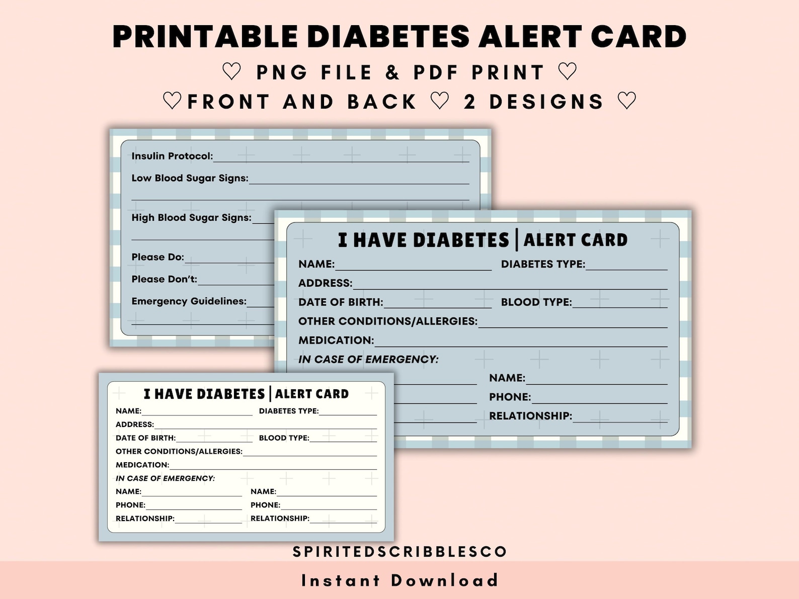 Printable Diabetes Alert Card Medical ID Ice Tag Emergency Diabetic ...