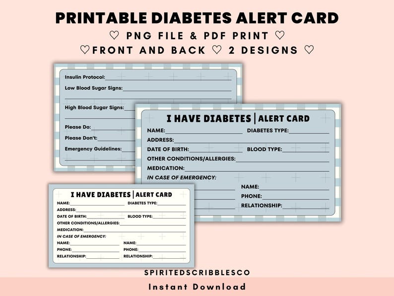 Printable Diabetes Alert Card Medical ID Ice Tag Emergency Diabetic ...