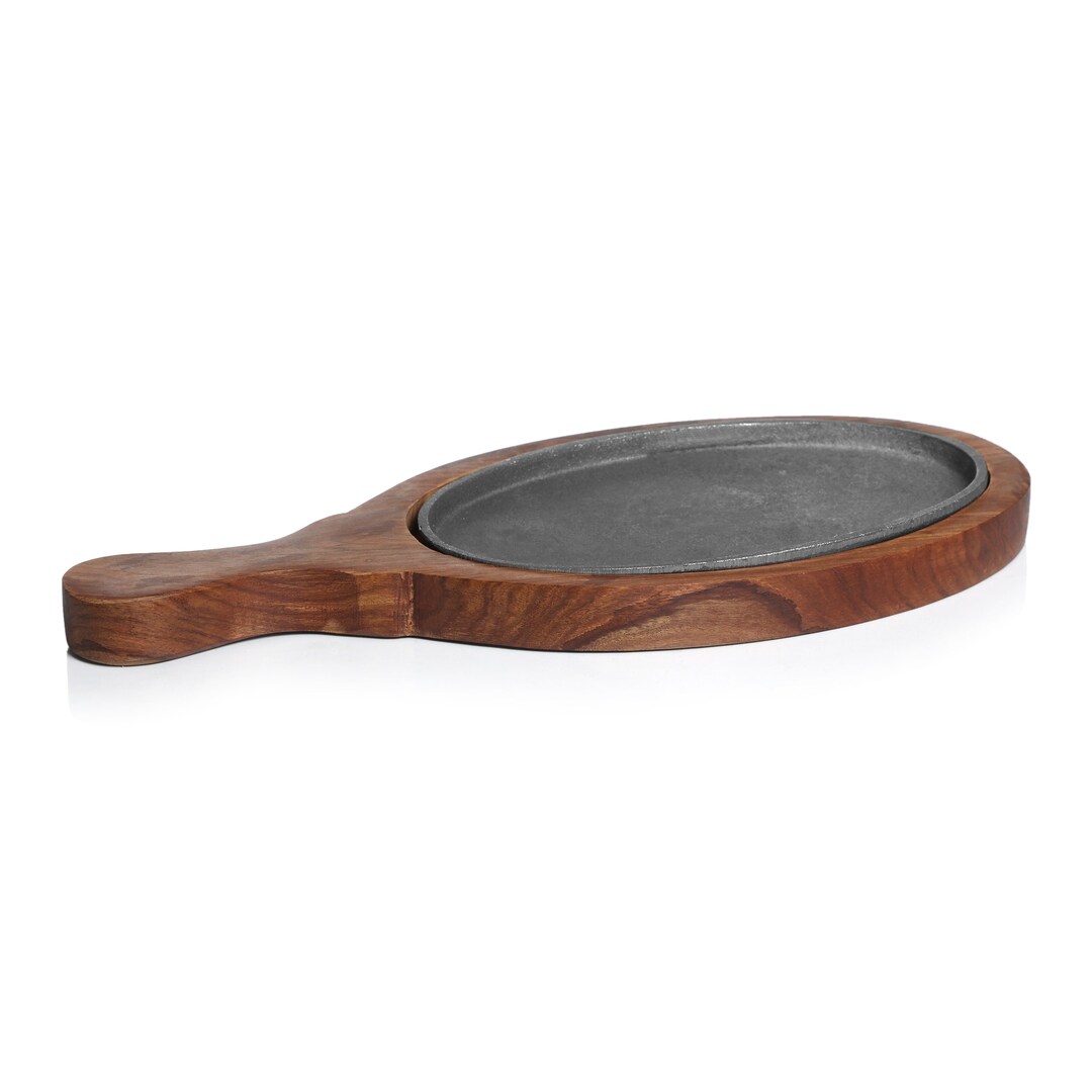 Cast Iron Sizzler Skillets Platter/tray With Sheesham Wooden Base Oval ...