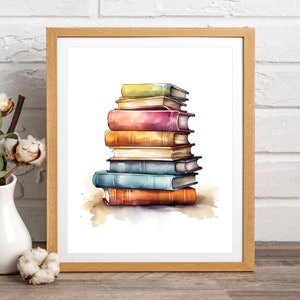 Stack of Books Watercolor Painting Classroom Decor Printable Digital ...