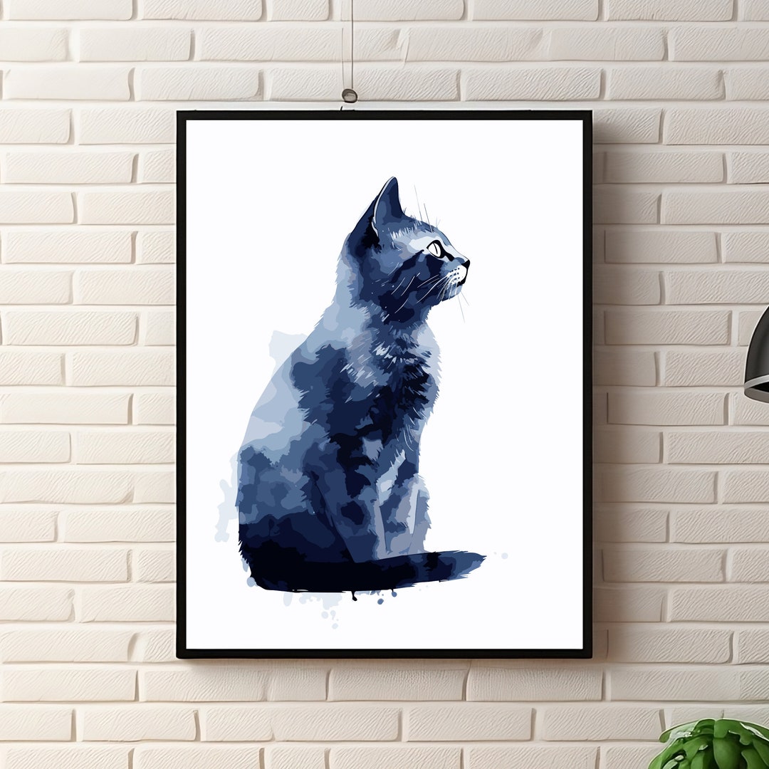 Printable Blue Cat Wall Art Downloadable Minimalist Watercolor Pictures ...