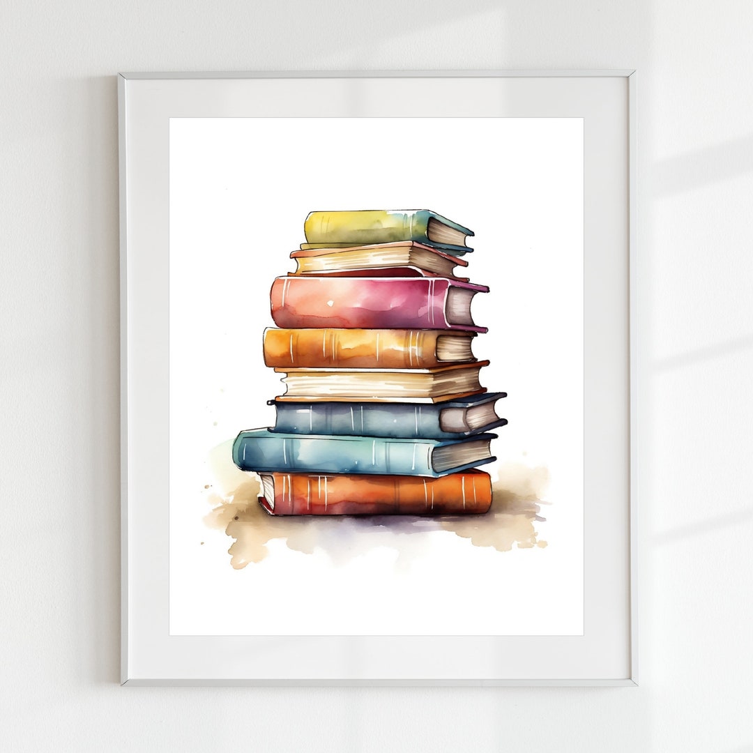Stack of Books Watercolor Painting Classroom Decor Printable Digital ...