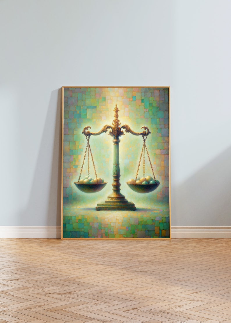 Scales of Justice Art, Green Balance Illustration, Symbolic Legal Decor ...