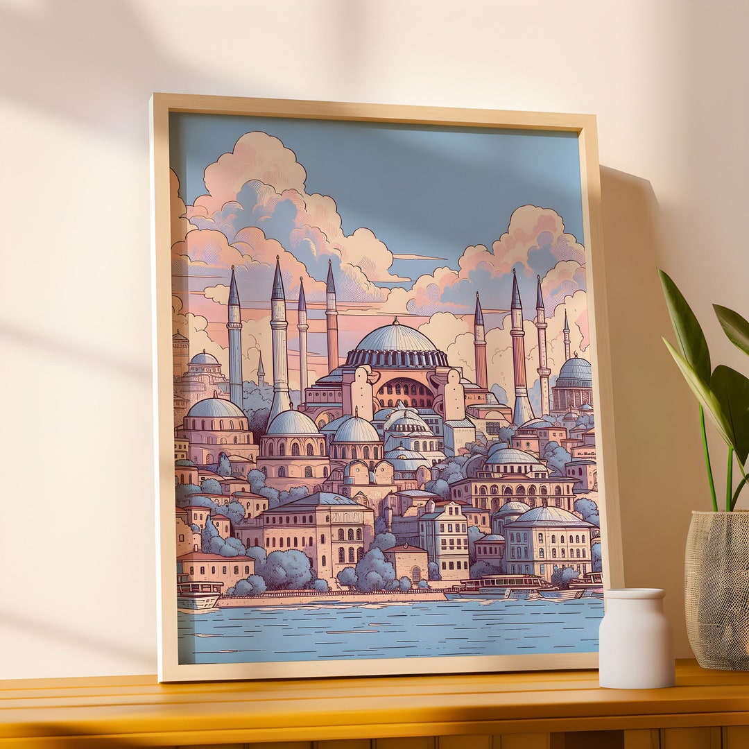 Pastel Istanbul Skyline Art - Historical Landmarks Illustration ...