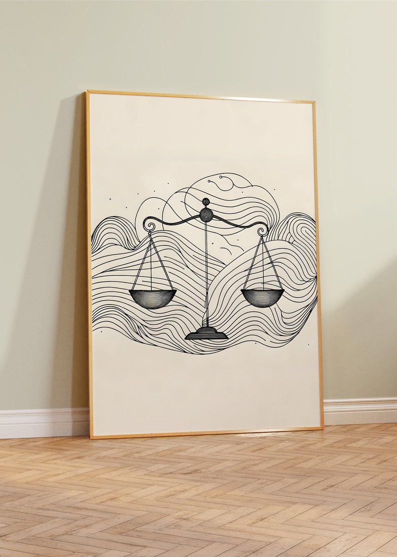 Minimalist Scales Line Art Print - Abstract Justice Drawing - Delicate ...