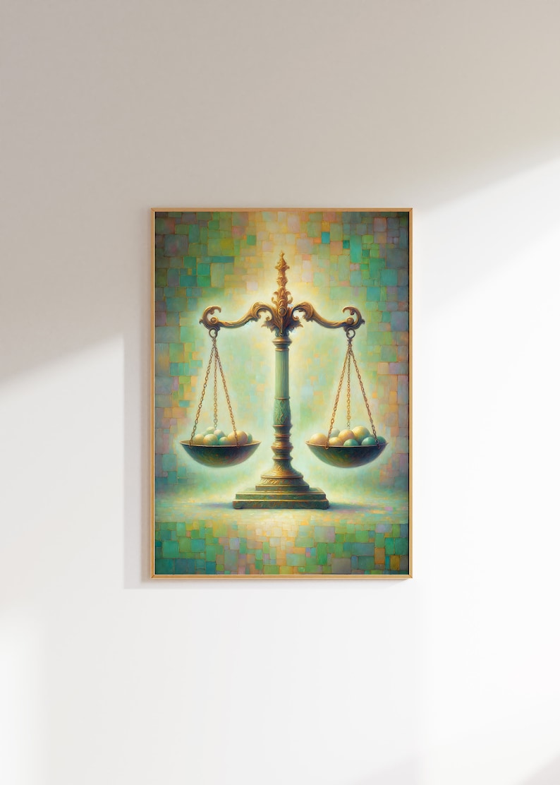 Scales of Justice Art, Green Balance Illustration, Symbolic Legal Decor ...