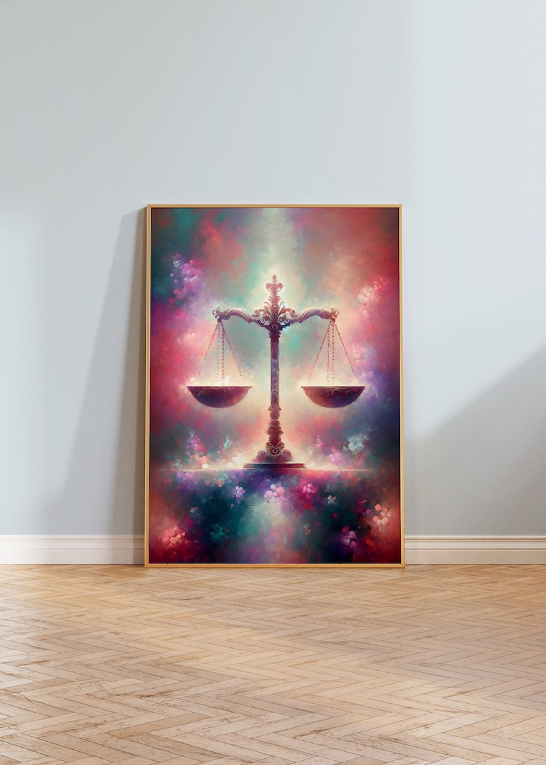 Scales of Justice Art, Pink Balance Illustration, Symbolic Legal Decor ...