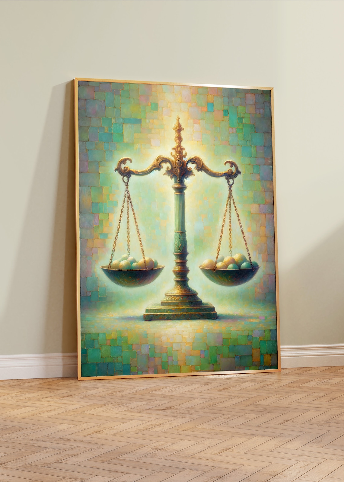 Scales of Justice Art, Green Balance Illustration, Symbolic Legal Decor ...
