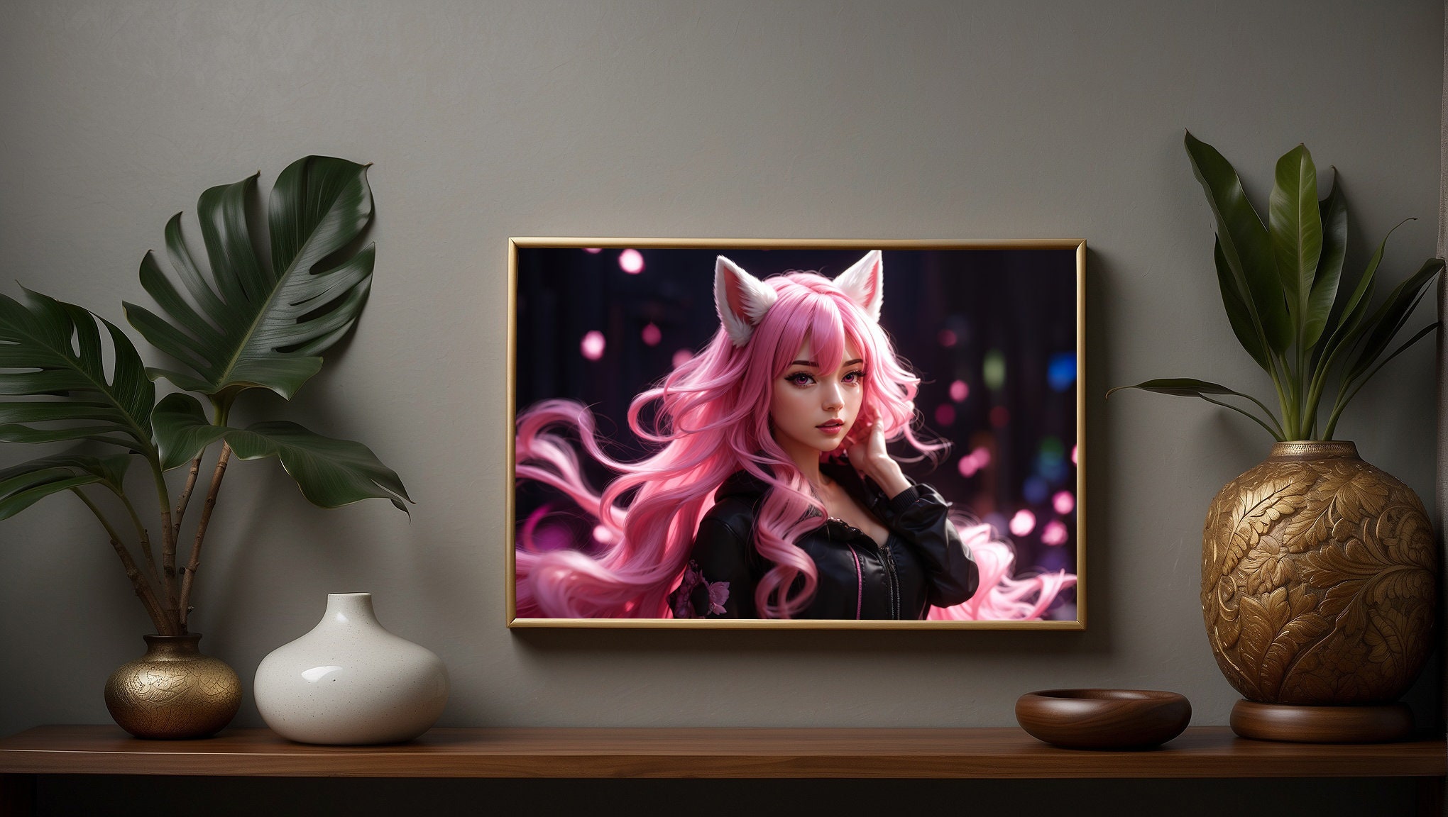 Pink Anime Girl With Fox Ears Furry Portrait Printable Art Wallpaper ...