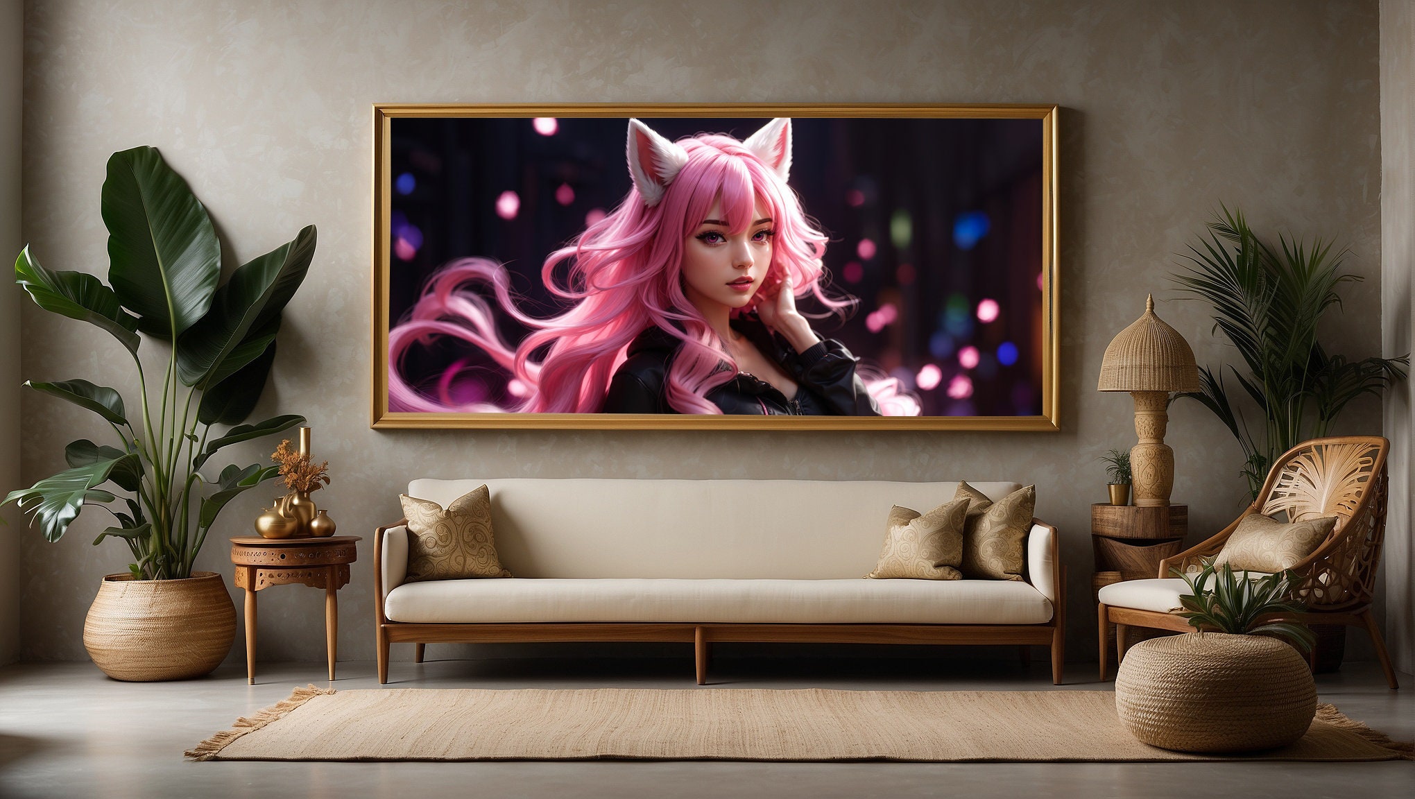 Pink Anime Girl With Fox Ears Furry Portrait Printable Art Wallpaper ...