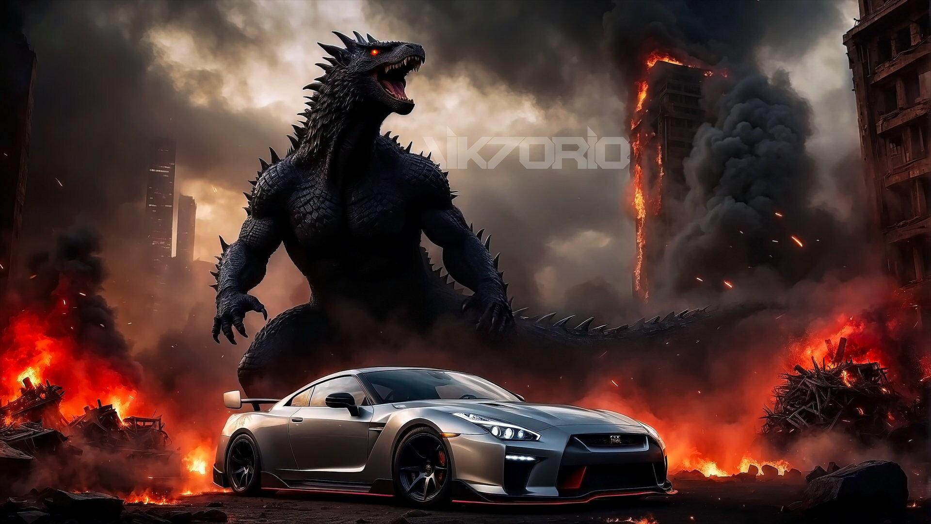 Nissan GTR X Godzilla Printable Wall Art Fantasy Artwork Wallpaper Digital Download High Quality 8K Resolution Cars Etsy
