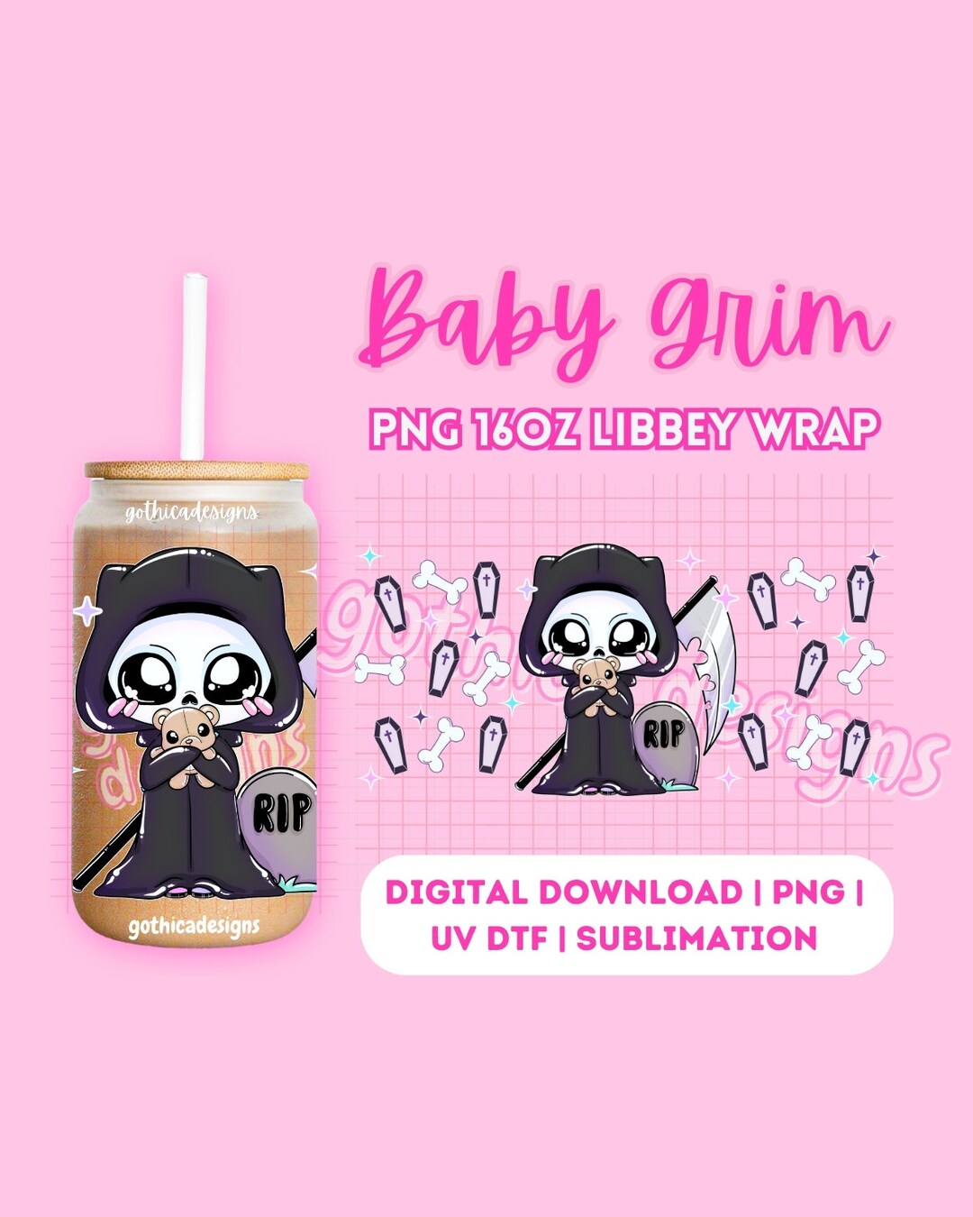 Kawaii Goth Trendy PNG | Baby Grim Reaper | Digital File | Cute Girly ...