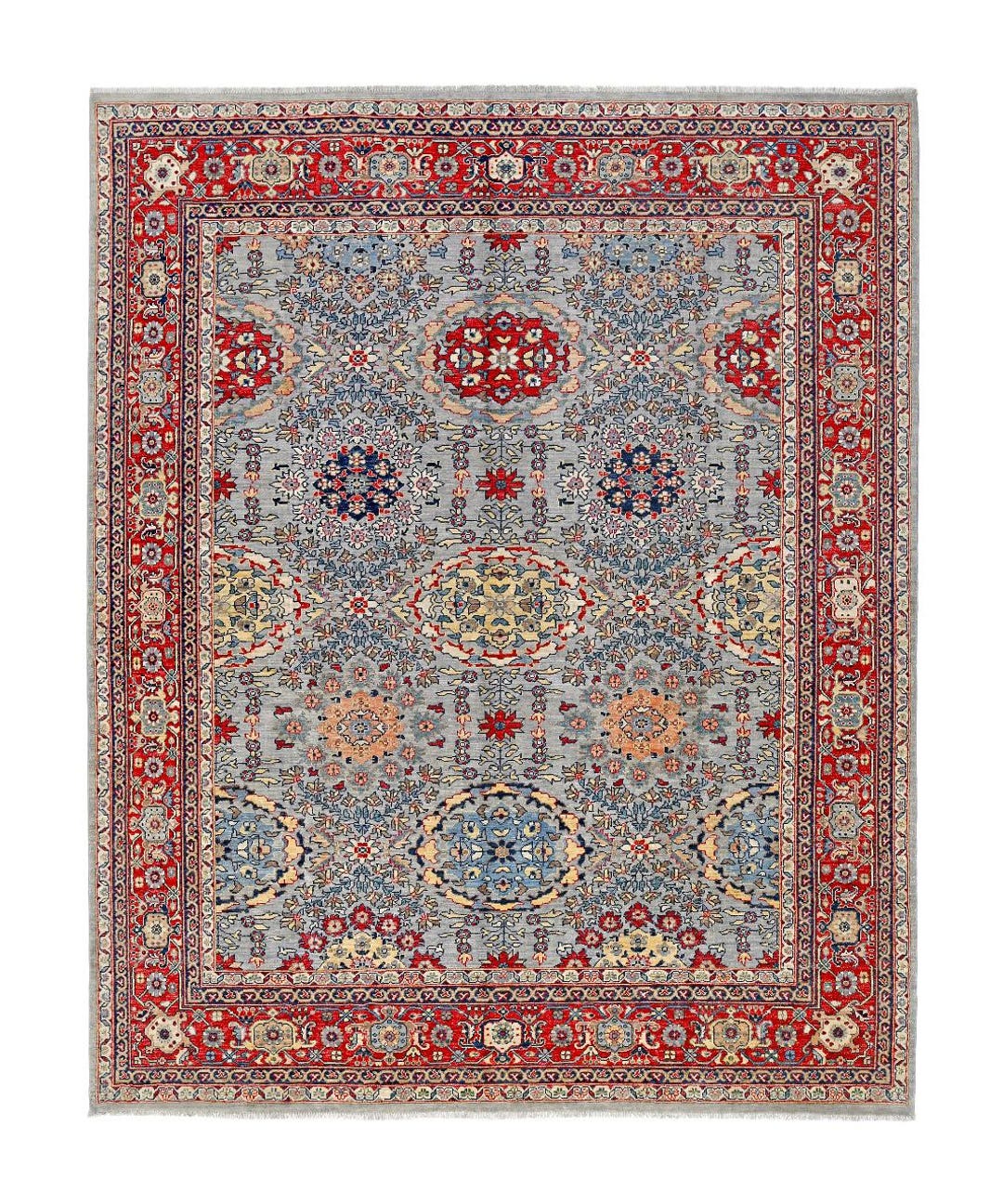 Light Grey Ground With Red Border 8x10 Feet Traditional Taimoori Hand ...