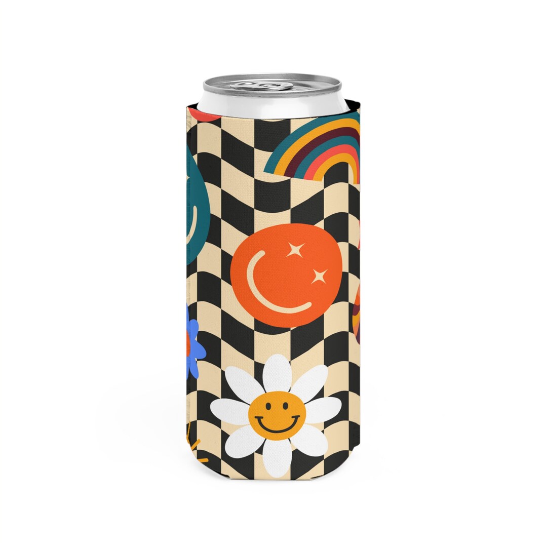 Groovy Retro Checkerboard Smiley Face Flower Slim Can Cooler - Etsy
