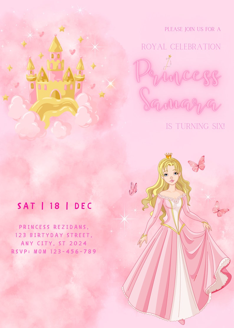Pink Dress Princess Invitation, Editable Princess Birthday Canva ...