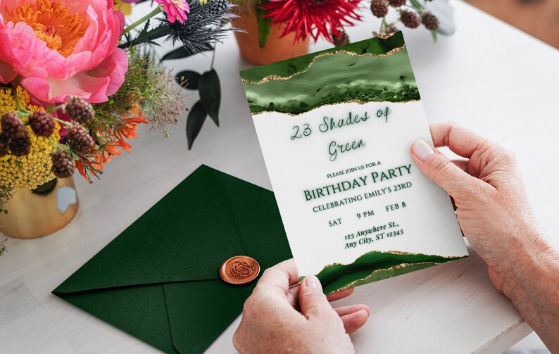 Editable Green and White Invitation, Green and Gold, Birthday Dinner ...