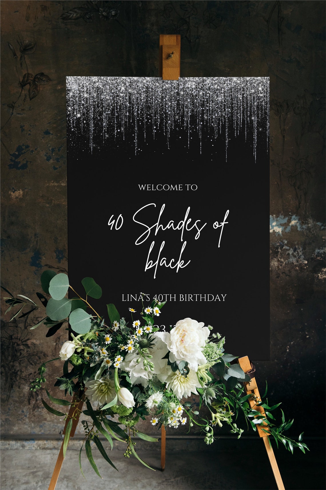 Editable Black Silver Welcome Sign Birthday Party, Silver Glitter ...