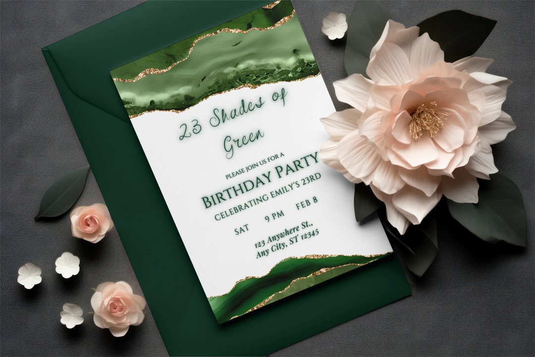 Editable Green and White Invitation, Green and Gold, Birthday Dinner ...