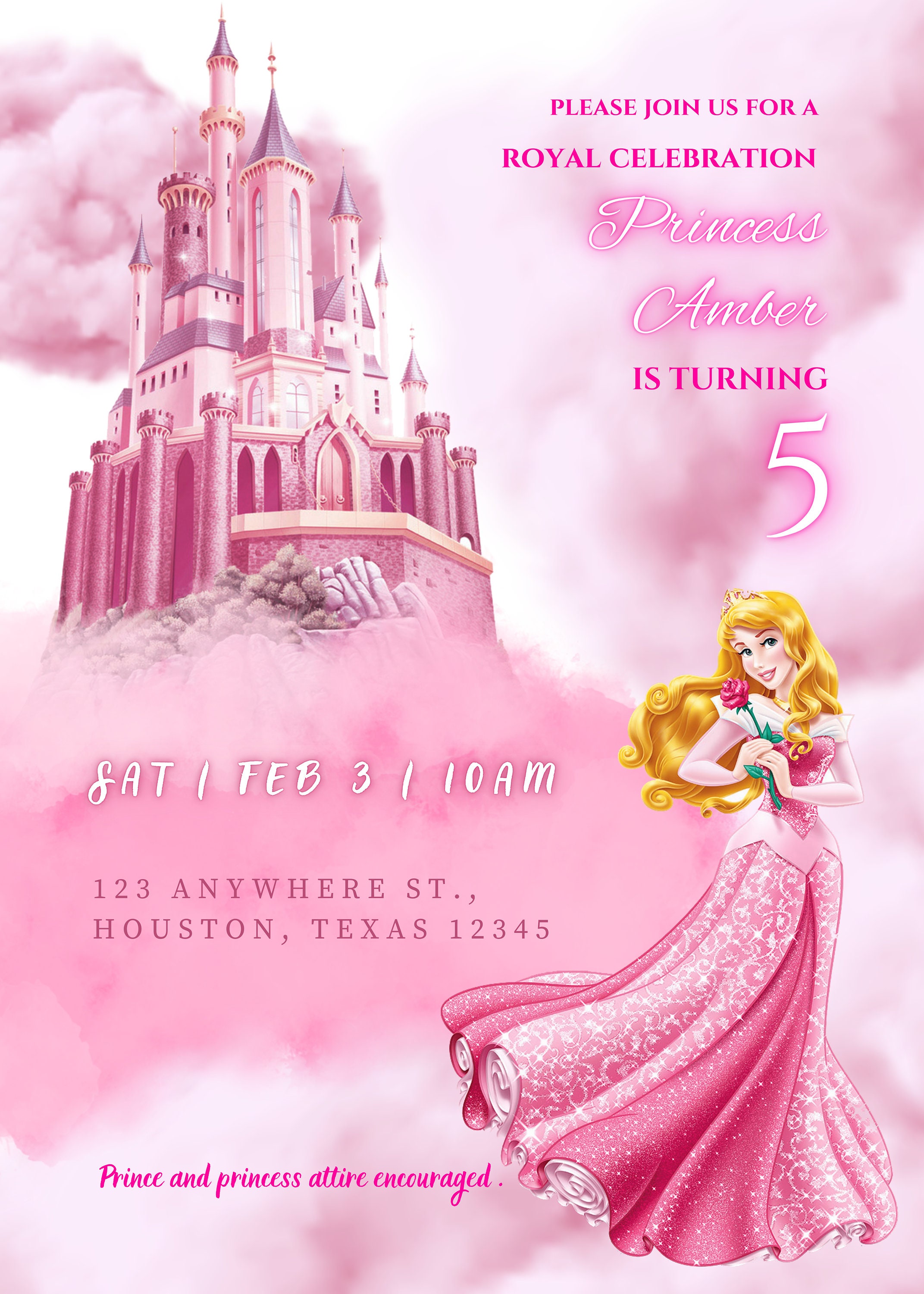 Editable Princess Aurora Birthday Invitation, Pink Dress Princess ...