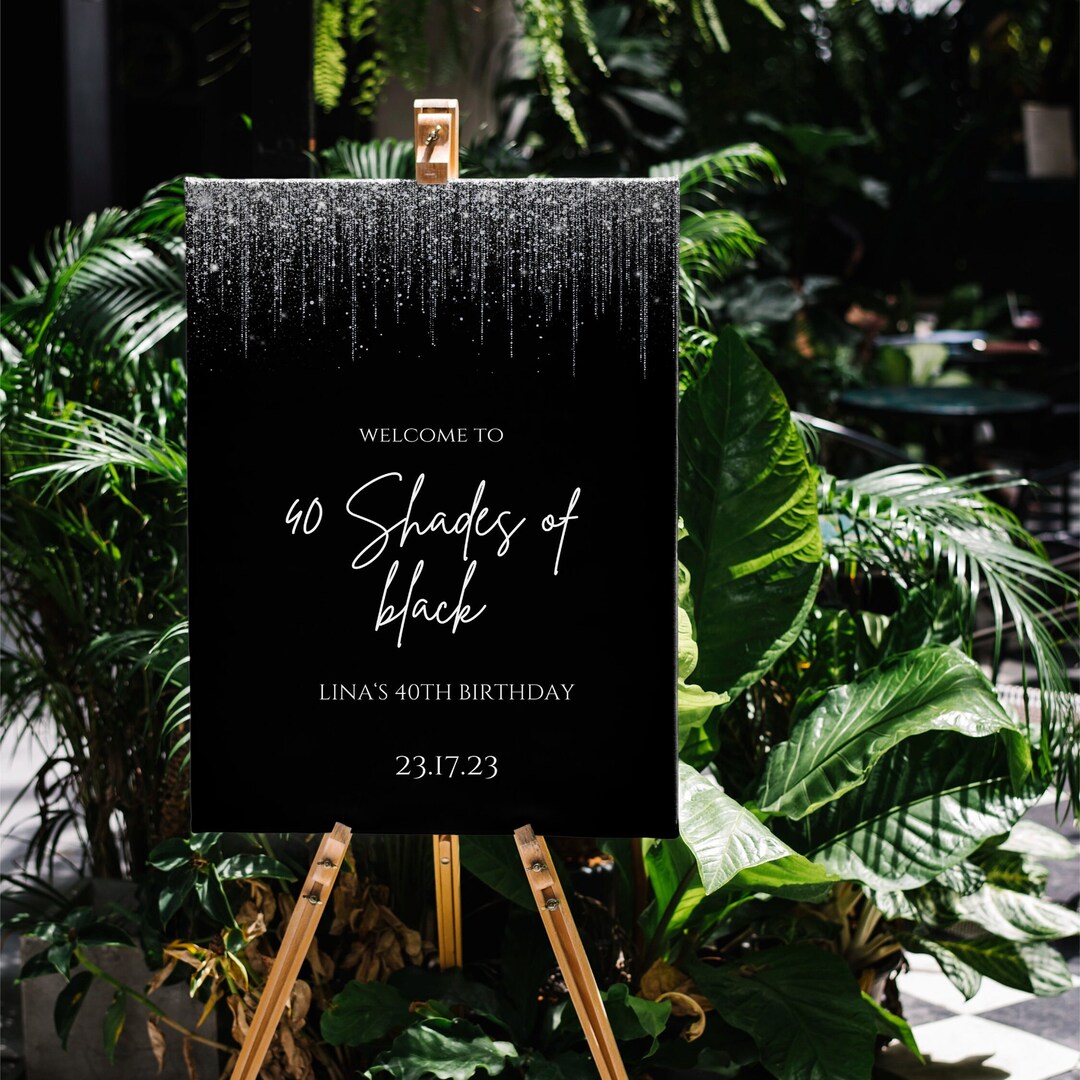 Editable Black Silver Welcome Sign Birthday Party, Silver Glitter ...