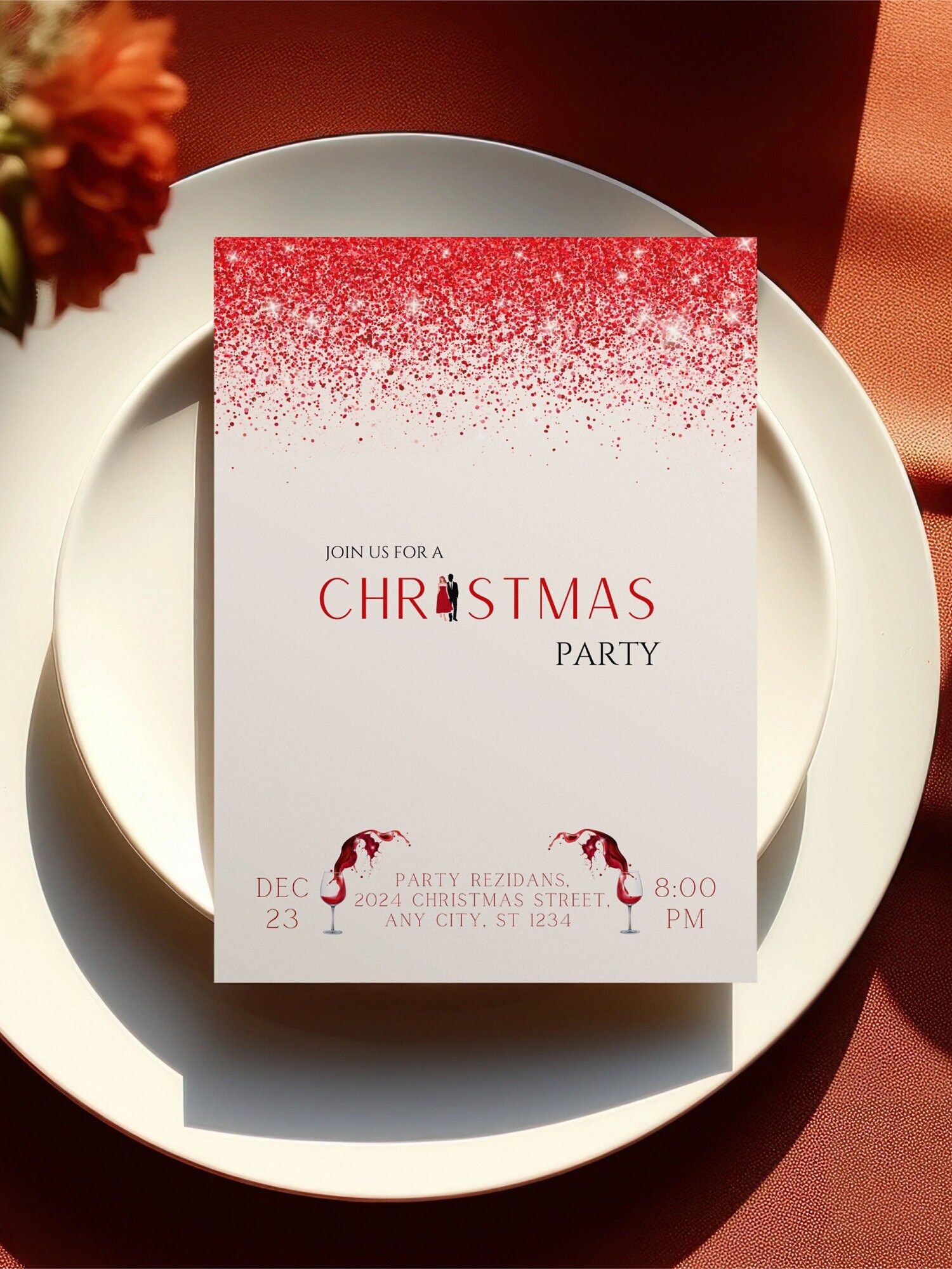 Editable Christmas Party Invitation, Red Glitter Christmas Invitation ...