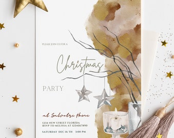 Editable Neutral Boho Christmas Party Invitation Christmas Party Invite ...