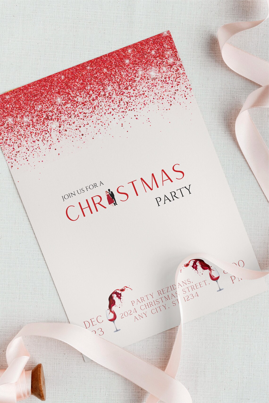 Editable Christmas Party Invitation, Red Glitter Christmas Invitation ...