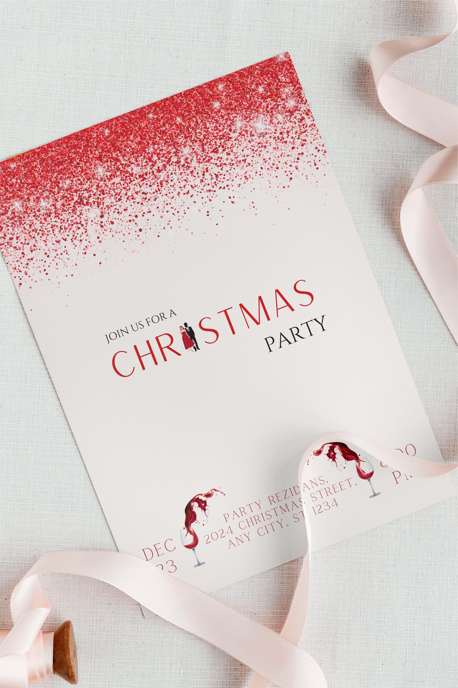 Editable Christmas Party Invitation, Red Glitter Christmas Invitation ...