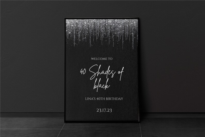 Editable Black Silver Welcome Sign Birthday Party, Silver Glitter ...