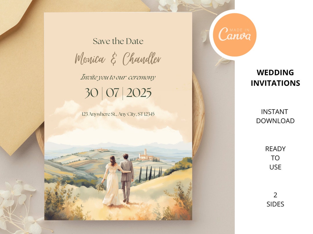 Tuscan Style Wedding Invitation and RSVP Template - Editable in Canva ...