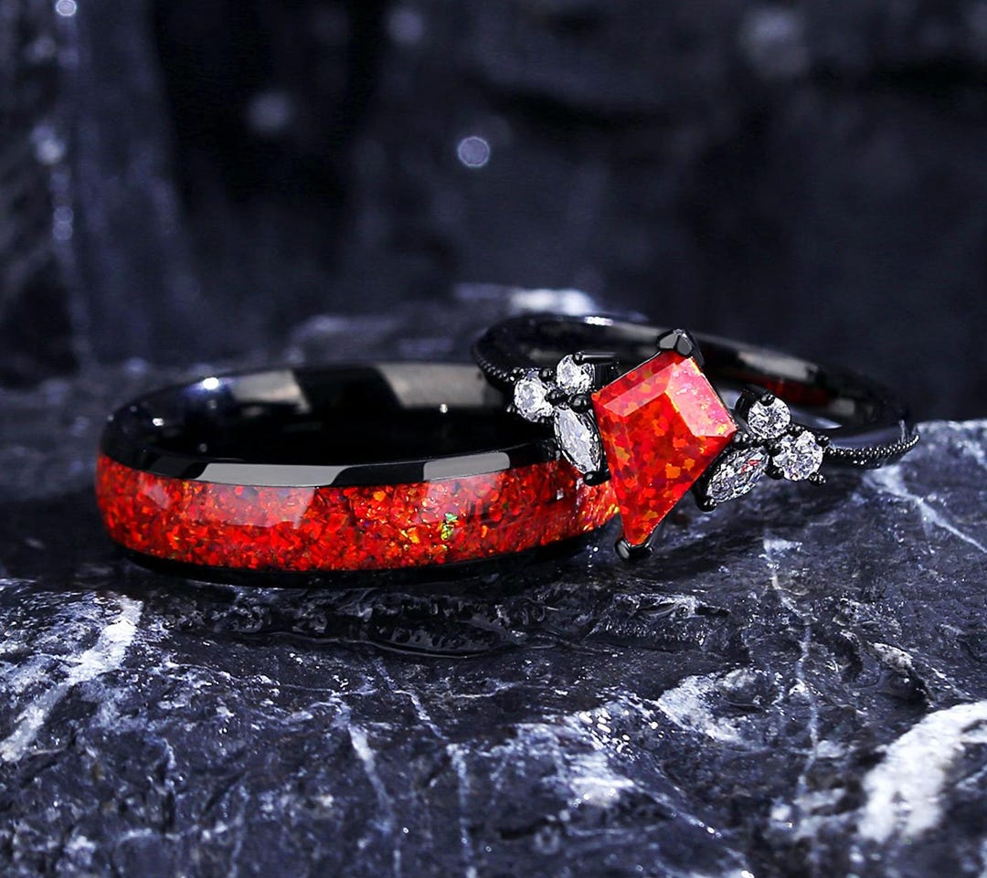 Red Fire Opal Couples Ring Set, His and Hers Matching Wedding Band ...