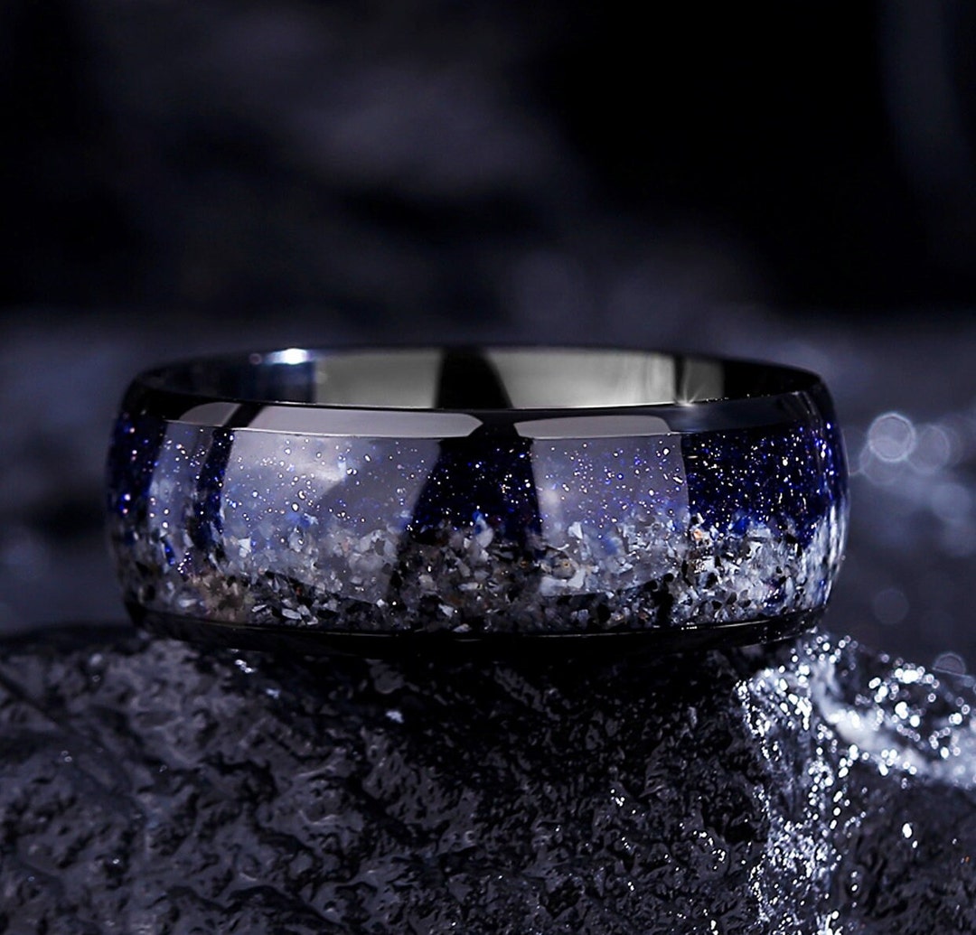 Galaxy Titanium Ring – Blue Sandstone Nebula Mens Band, UV Glow Space ...