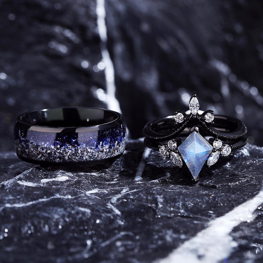 Couple Rings With UV Glow - Handmade Blue Sandstone & Glowstone Promise Ring Set - Galaxy ...