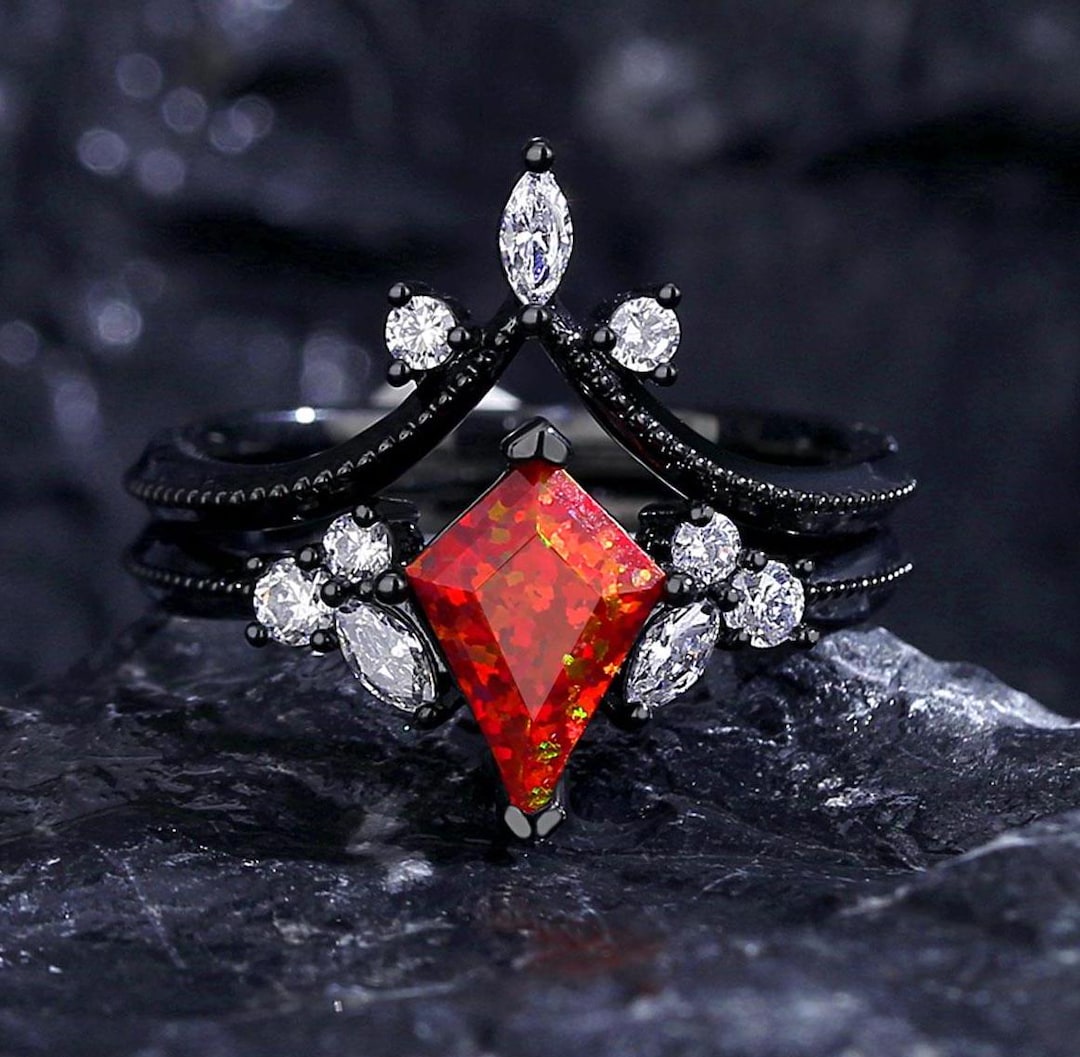 Red Fire Opal Ring Set for Women, His and Hers Matching Wedding Band ...