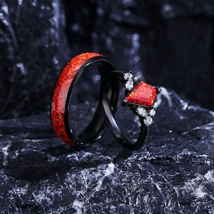 Red Fire Opal Couples Ring Set, His and Hers Matching Wedding Band ...