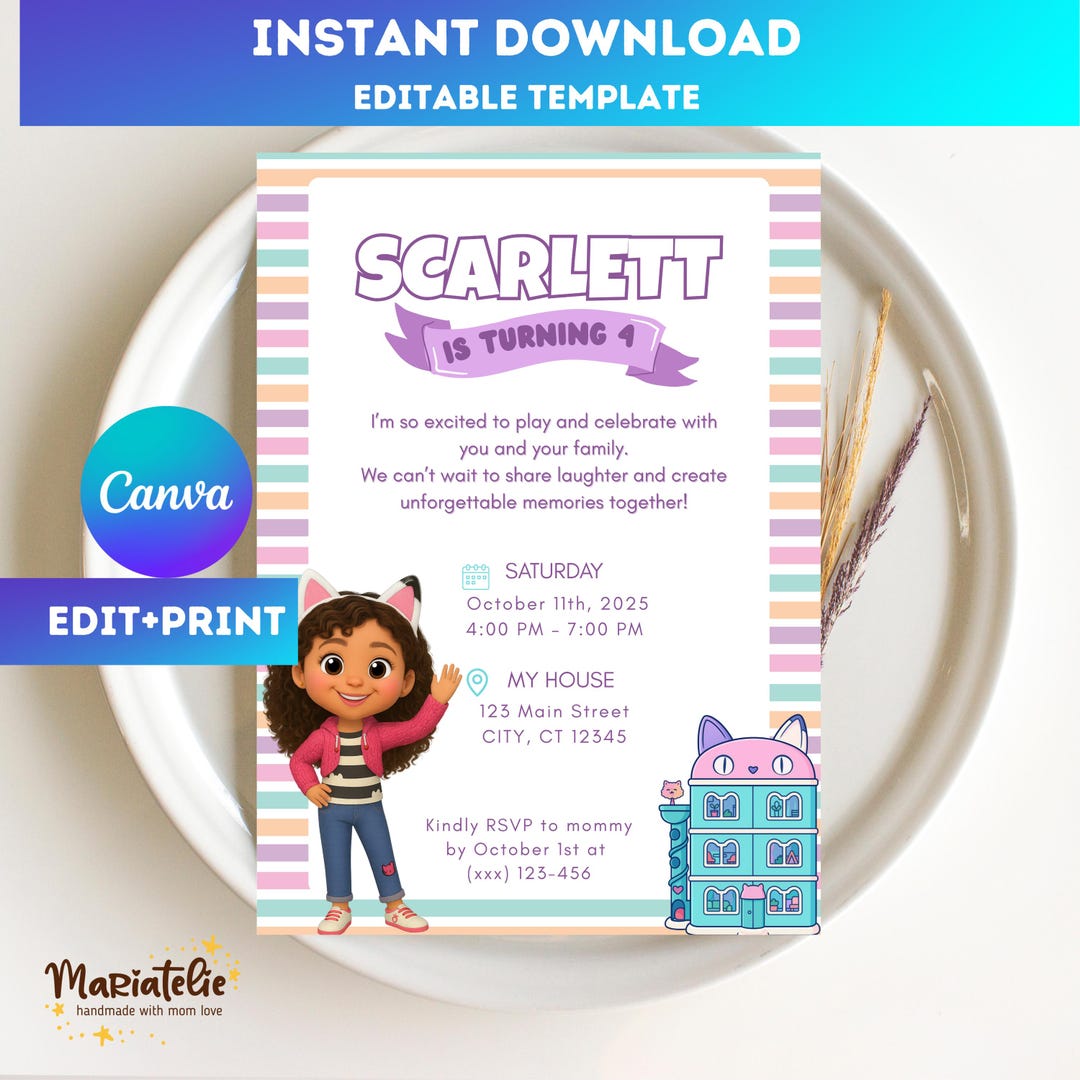Editable Gabby Dollhouse Inspired Birthday Invitationtemplate (digital ...