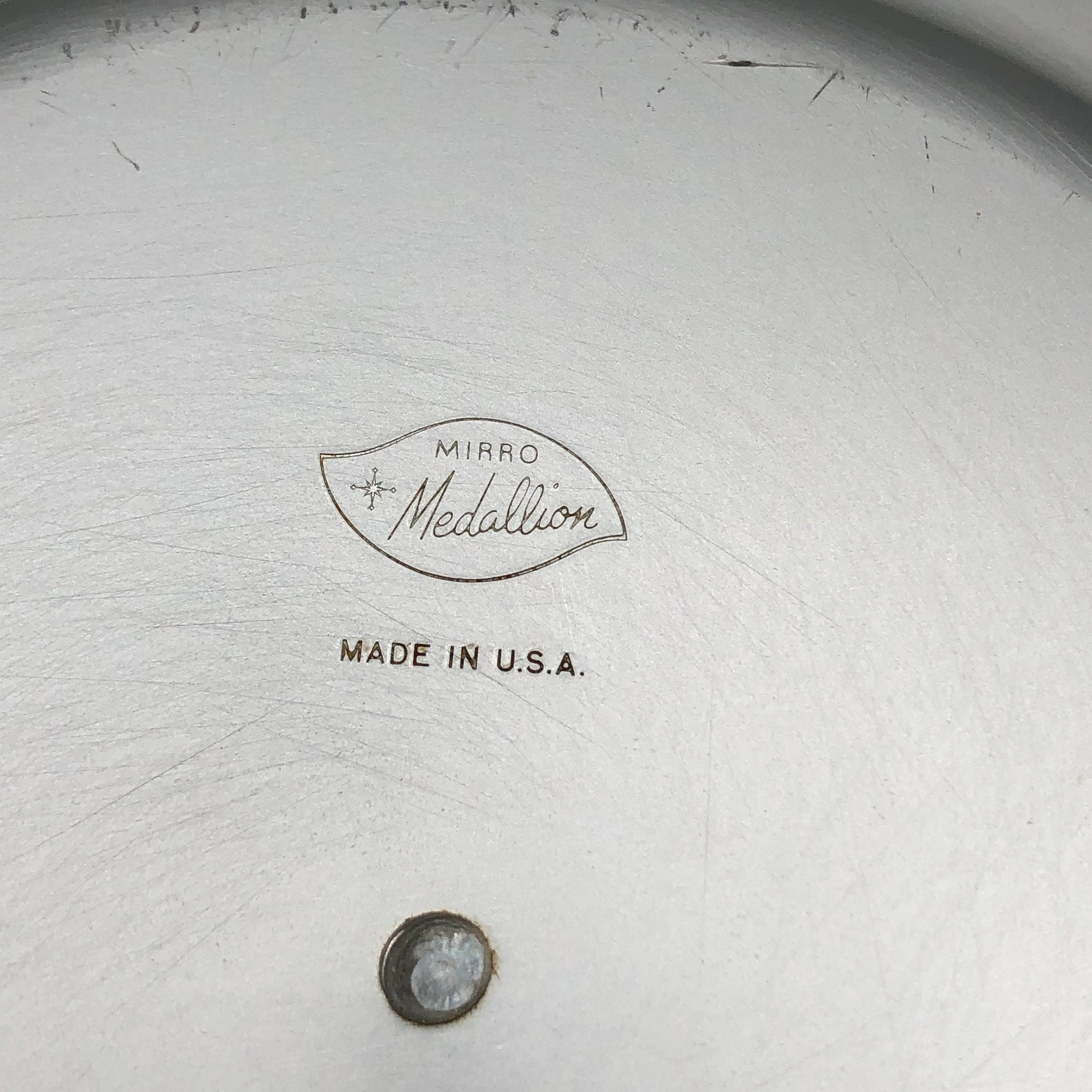 Vintage MCM Mirro Medallion Aluminum Round Serving Tray Teak Handles 17 ...