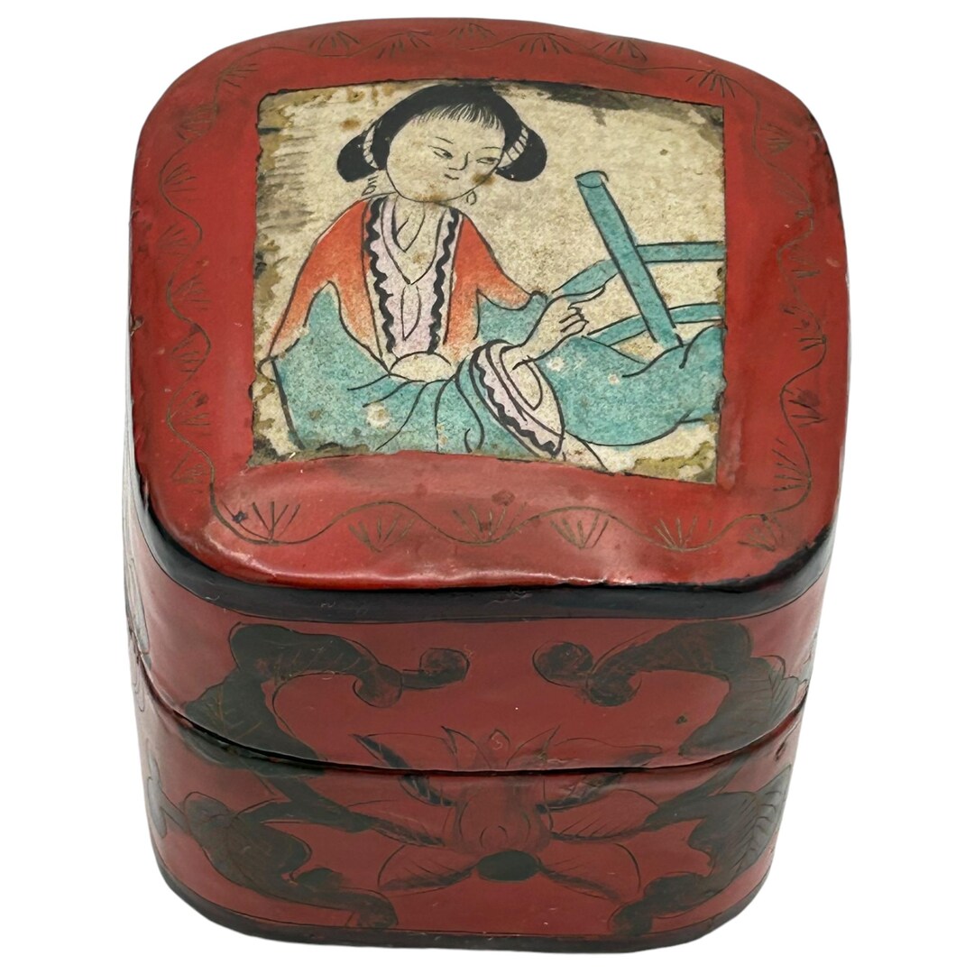 Antique Chinese Red Lacquered Wood & Hand Painted Porcelain Shard ...