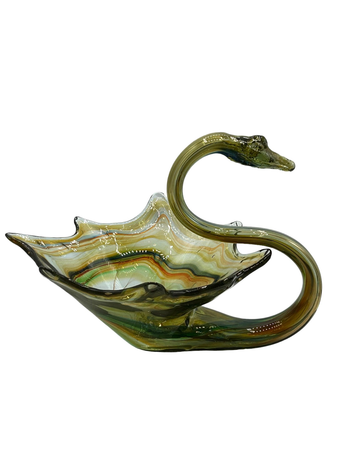 Vintage LARGE Hand Blown Murano Style Sooner Swan Dish Rainbow Ripple ...