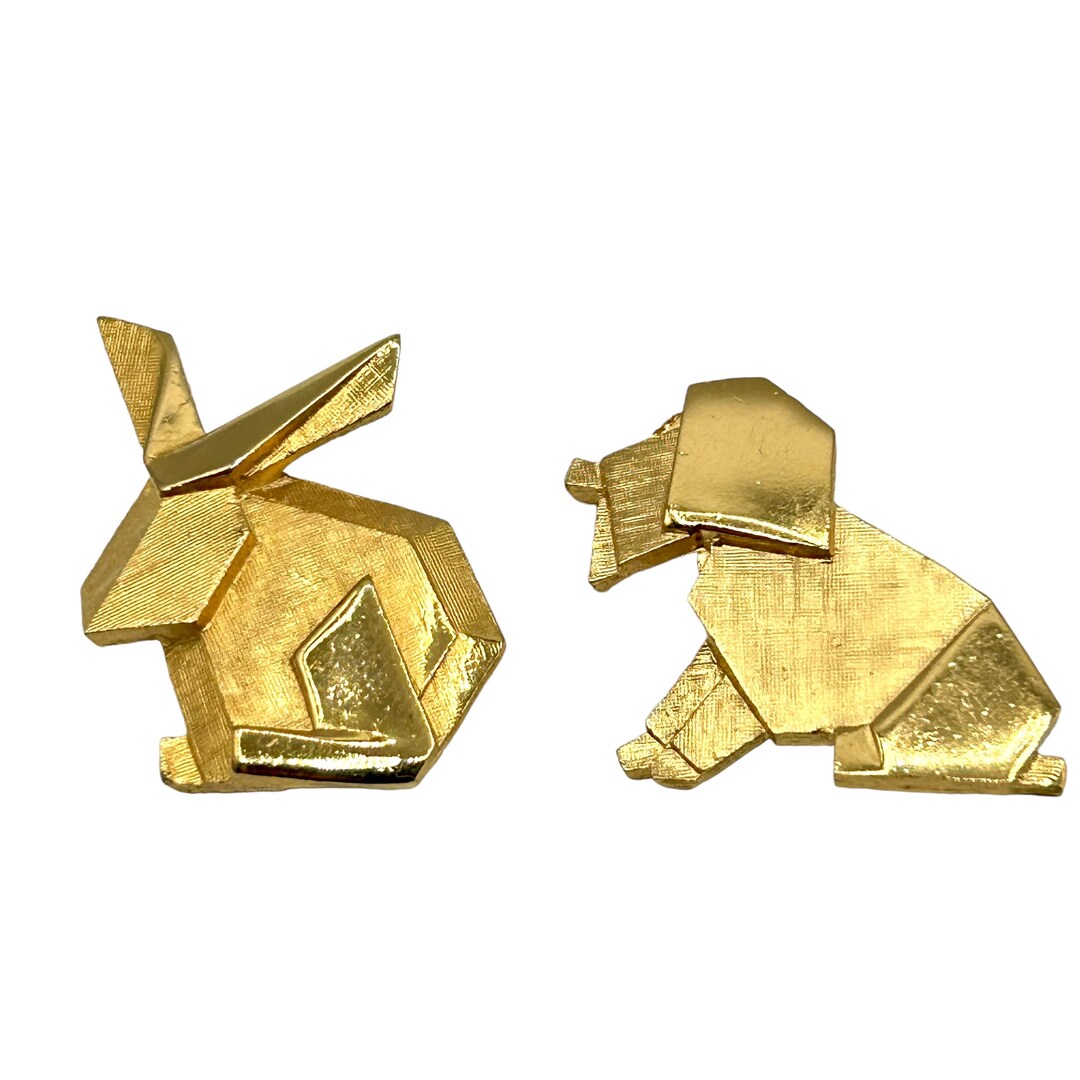 Two Crown Trifari Origami Animals Brooch Pins Vintage Dog Bunny Rabbit ...