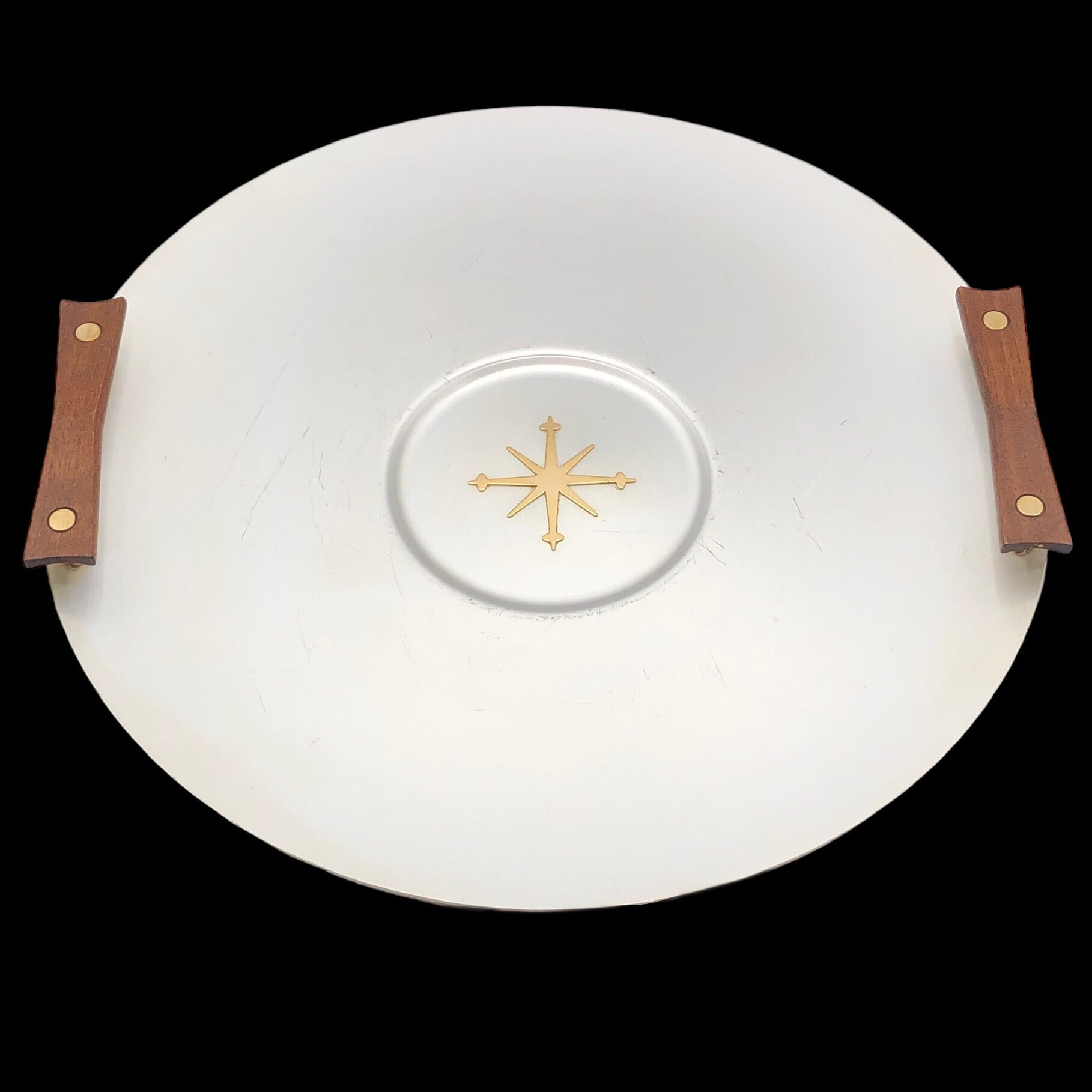 Vintage MCM Mirro Medallion Aluminum Round Serving Tray Teak Handles 17 ...